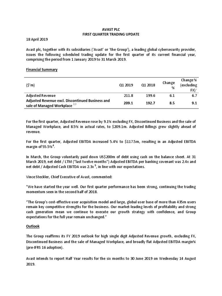 Avast PLC 1Q19 Statement | PDF | Earnings Before Interest | Revenue