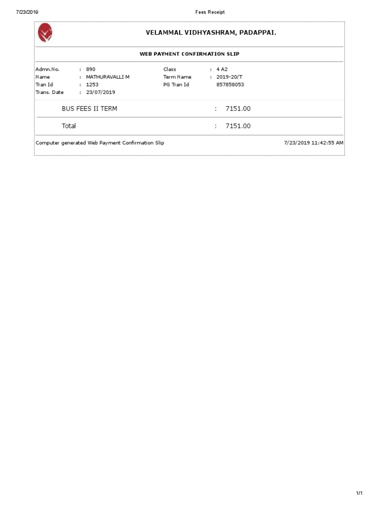 Velammal Vidhyashram Fee Receipt | PDF