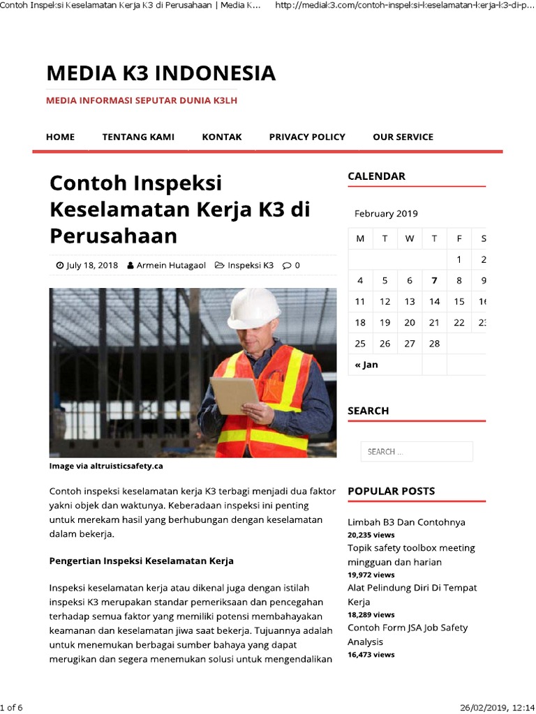 Contoh Inspeksi Keselamatan Kerja K3 Di Perusahaan - Media K3 Indonesia ...