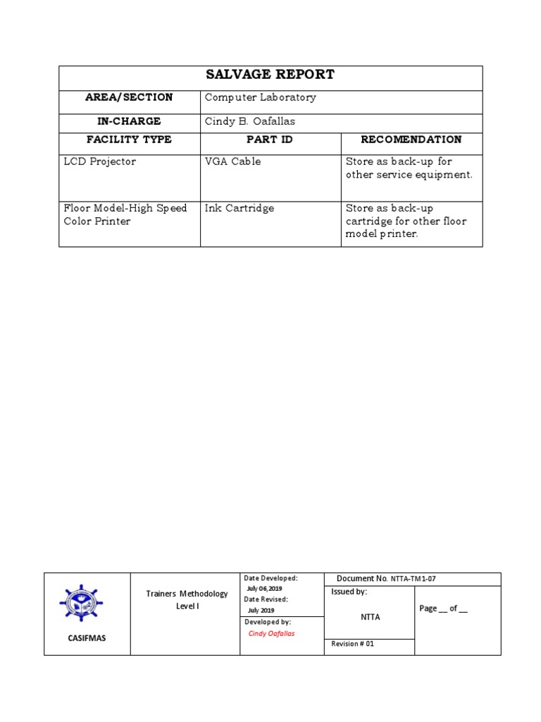 Salvage Report: Area/Section In-Charge Facility Type Part Id ...