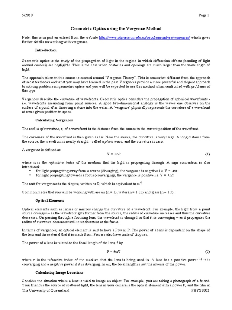 Geometric Optics Using The Vergence Method | PDF | Optics | Physical Phenomena