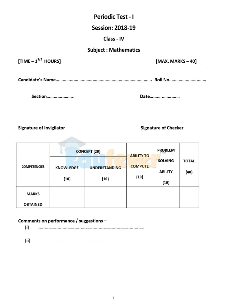 Periodic Test - I Session: 2018-19: Class - IV Subject: Mathematics ...