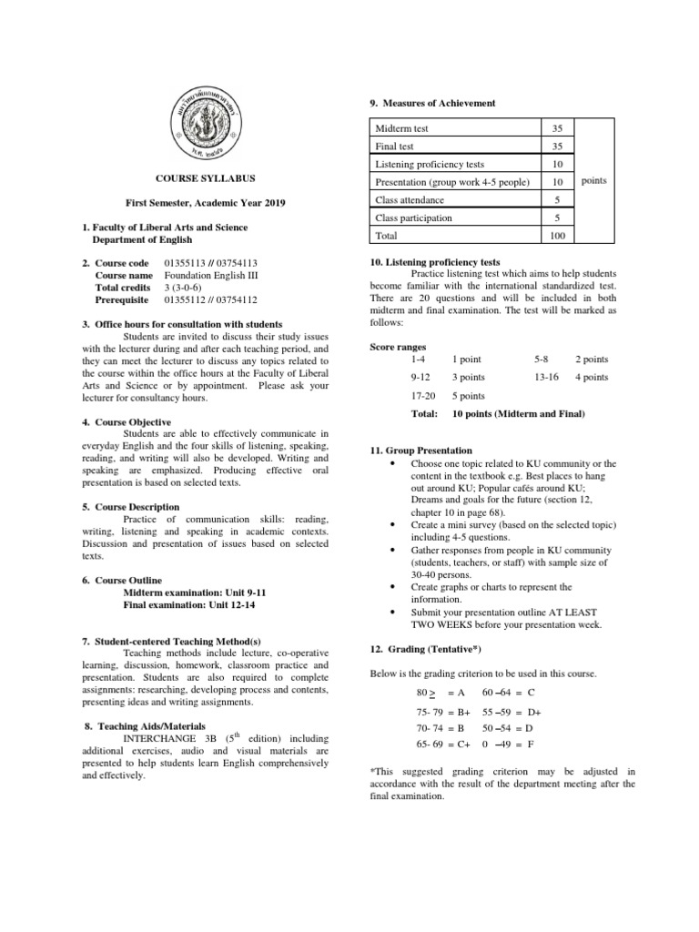 Eng III Course Syllabus First 2019 | PDF | Teaching Method | Homework