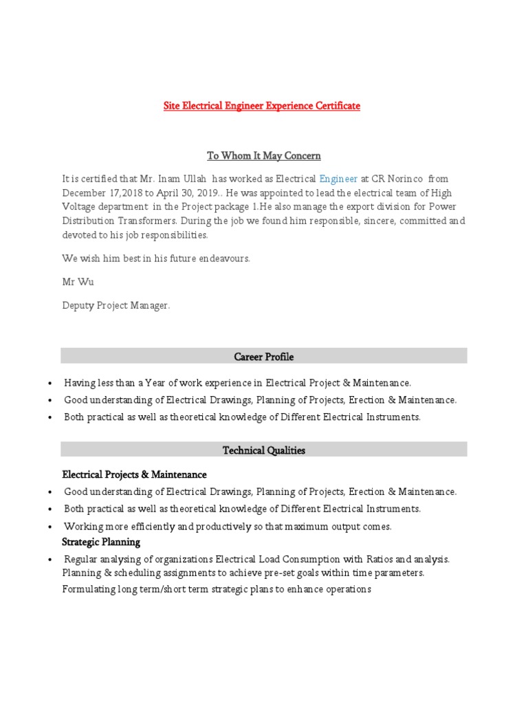 Site Electrical Engineer Experience Certificate | PDF | Electronic ...