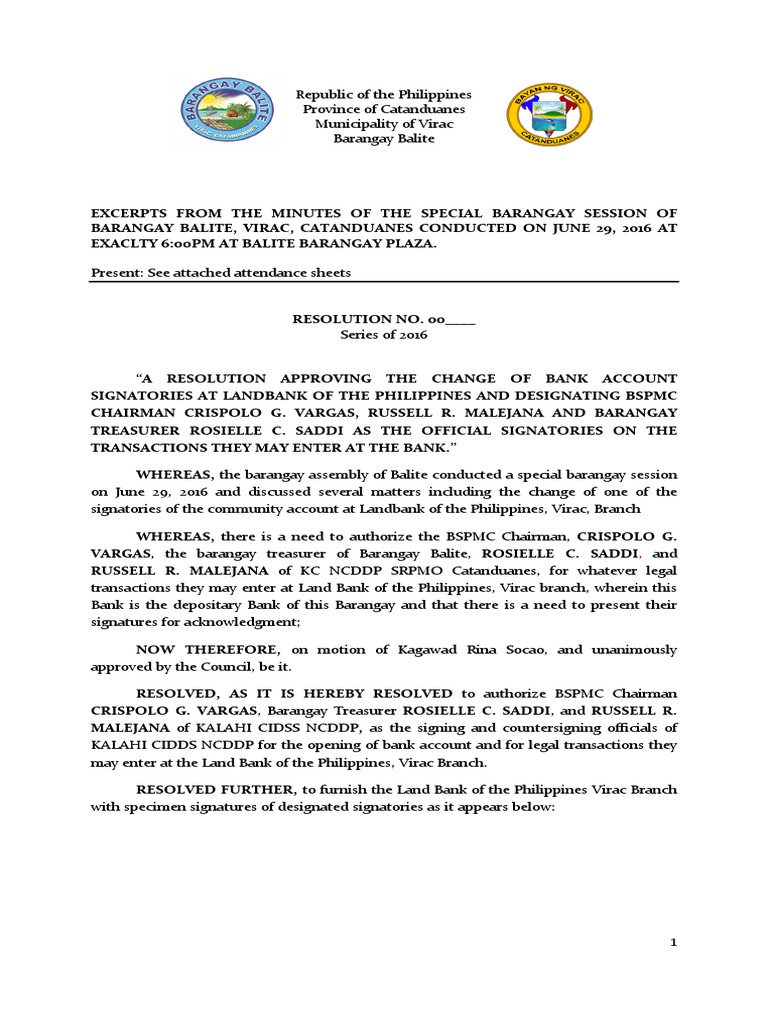 Reso - Bank Account Change of Signatory BALITE | PDF | Government