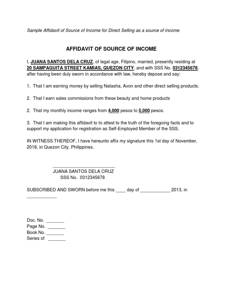 Sample Affidavit of Source of Income SSS | PDF | Law