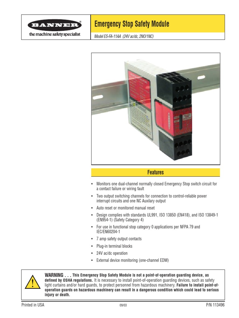 Emergency Stop Safety Module: Features | PDF | Switch | Relay