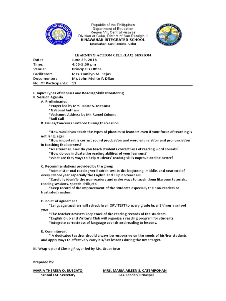 Sample LAC Session Minutes | PDF | Phonics | Teachers
