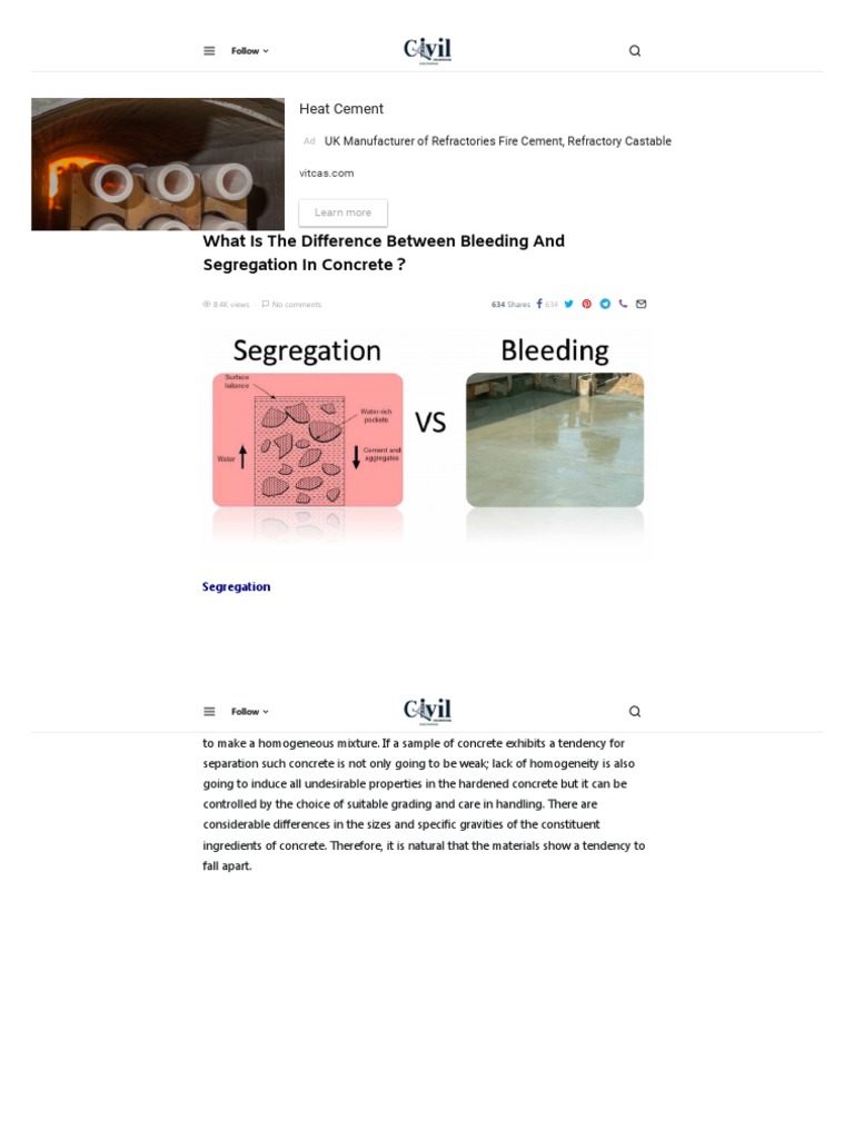 Difference Between Bleeding and Segregation | PDF | Refractory | Concrete