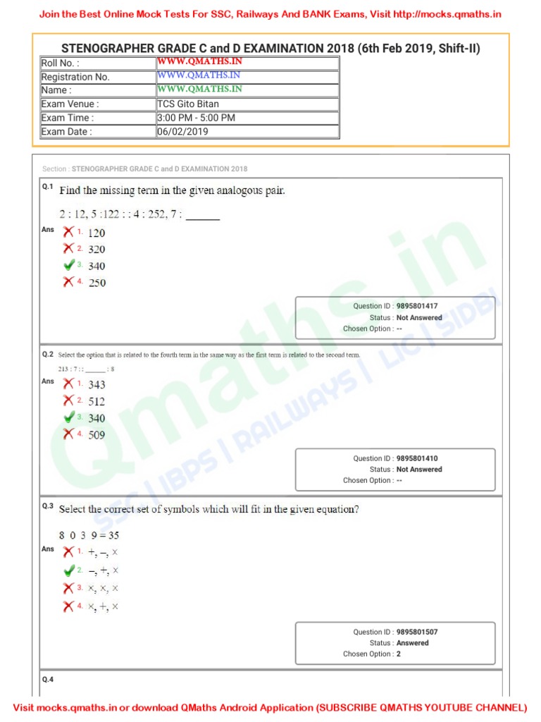 Stenographer SSC Question Paper | PDF | You Tube | Test (Assessment)