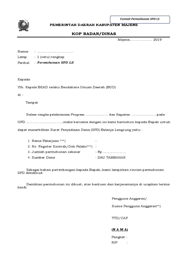 1.format Permohonan SPD LS PDF | PDF | Pengelolaan Keuangan & Uang