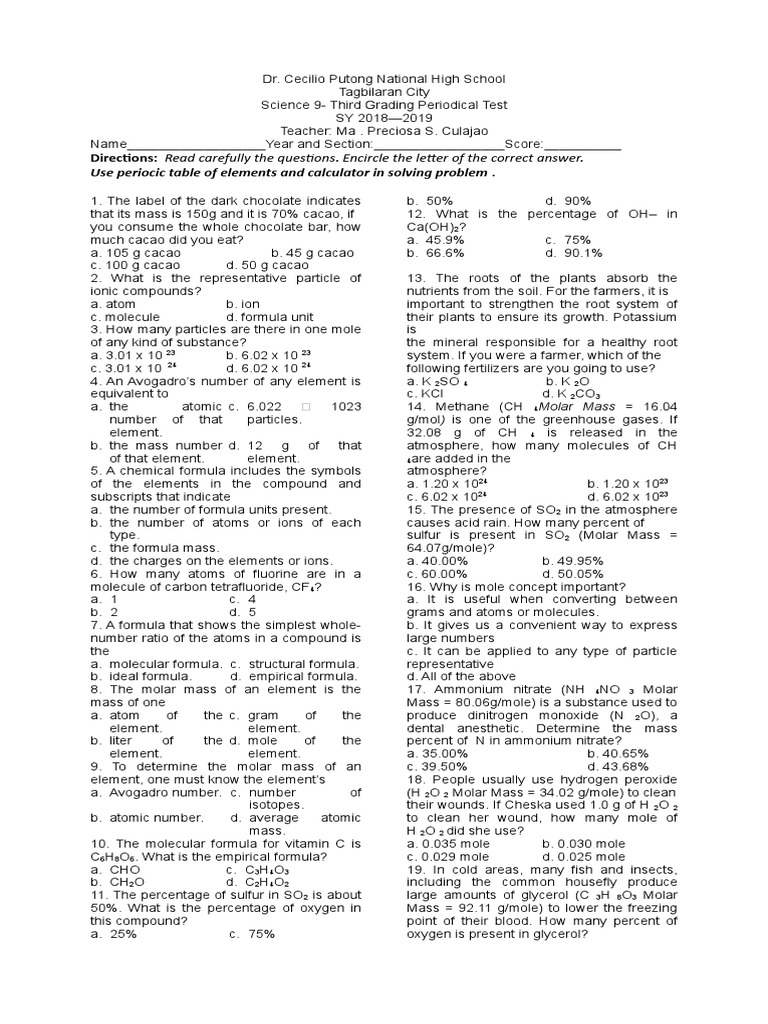 Grade 9 Third Grading Test 2019 | PDF | Volcano | Mole (Unit)