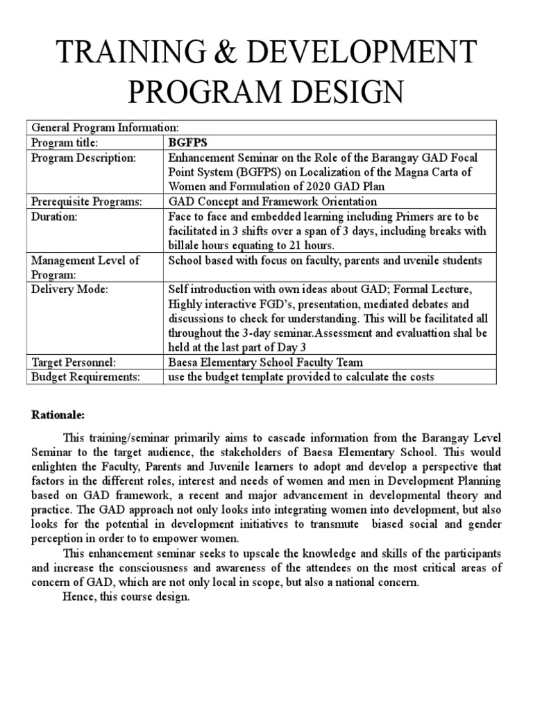 Training & Development Program Design: Bgfps | PDF | Gender | Gender ...