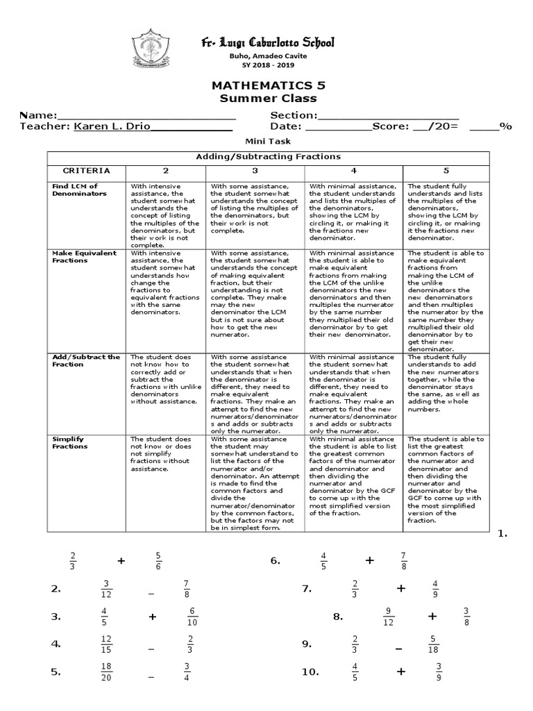 5th Grade Adding/Subtracting Fractions Rubric | PDF | Fraction ...
