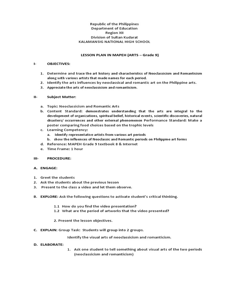 Grade 9 MAPEH Lesson Plan - 4th Grading | PDF | Romanticism | Lesson Plan