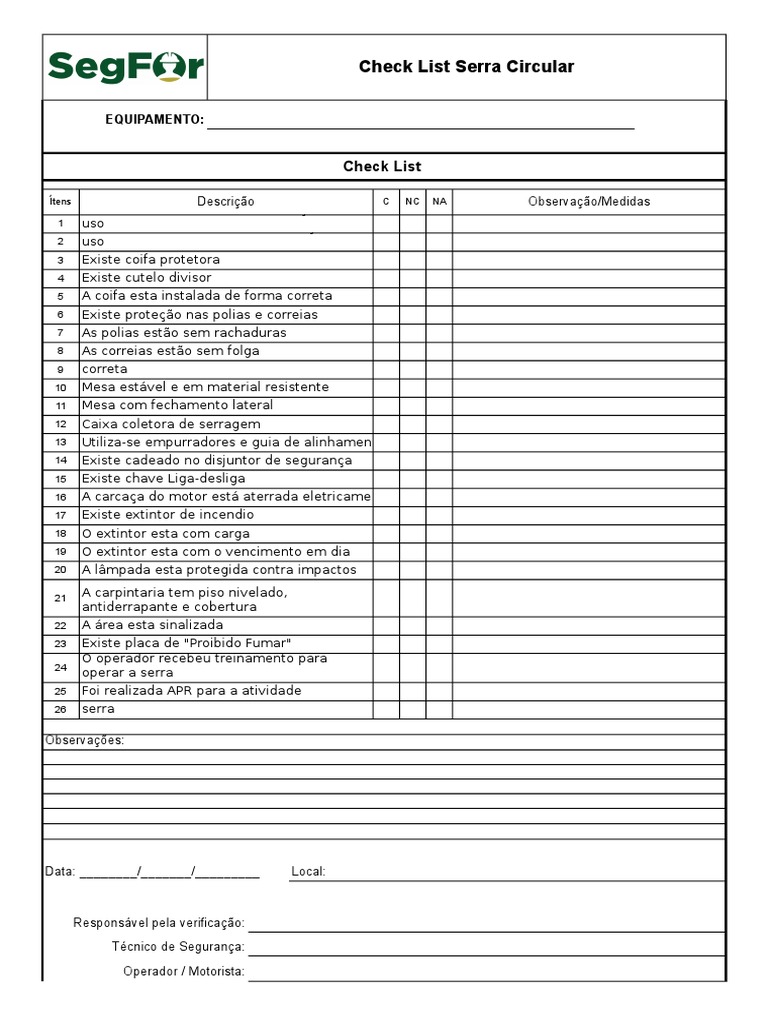 Check List Serra Circular | PDF
