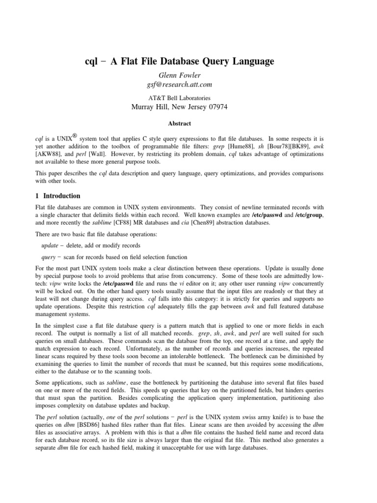 CQL - A Flat File Database Query Language: Murray Hill, New Jersey ...