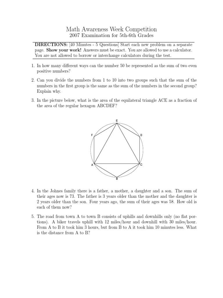 Math Awareness Week Competition: 2007 Examination For 5th-6th Grades | PDF