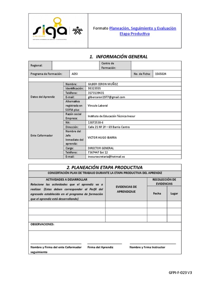 GFPI-F-023 Formato Planeacion Seguimiento y Evaluacion Etapa Productiva ... GFPI-F-023 Formato Planeacion Seguimiento y Evaluacion Etapa Productiva ...