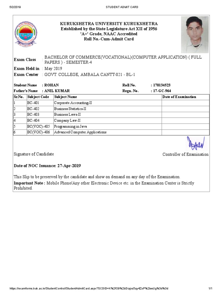 Student Admit Card for Semester 4 Exams at Kurukshetra University for B ...