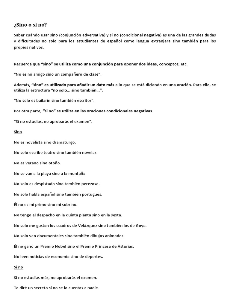 Uso de "sino" y "si no" en español | PDF