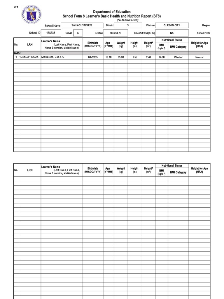 School Form 8 SF8 Learner Basic Health and Nutrition Report Automatic 1 ...