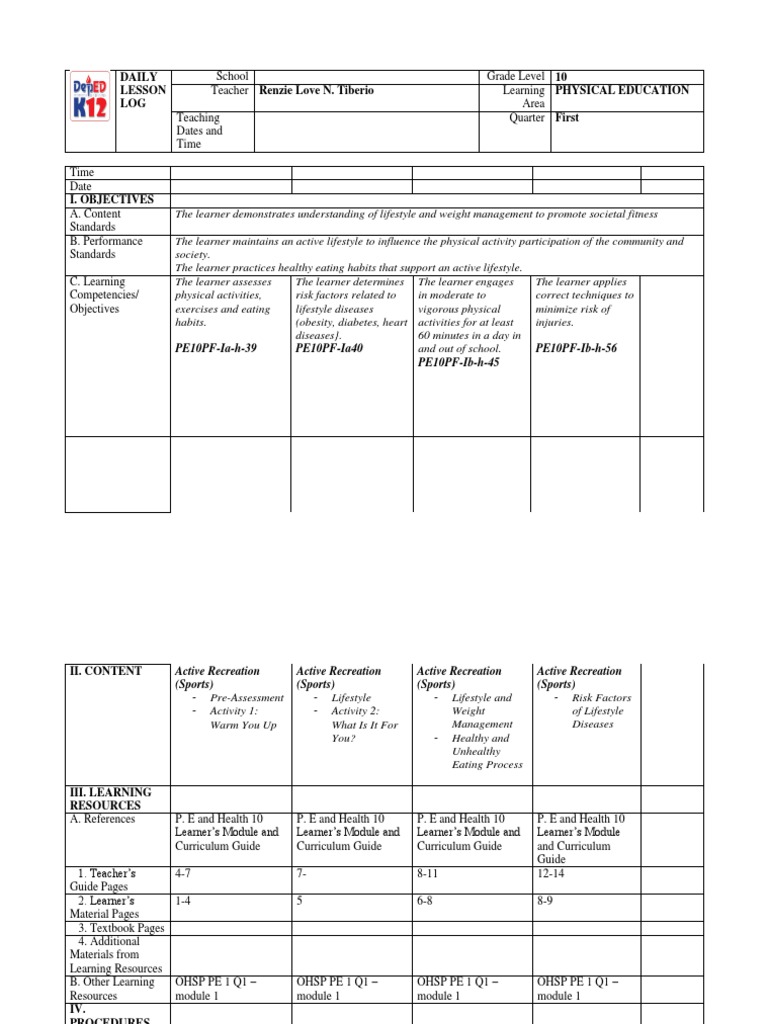 Grade 10 PE Daily Lesson Plan | PDF | Physical Education | Curriculum