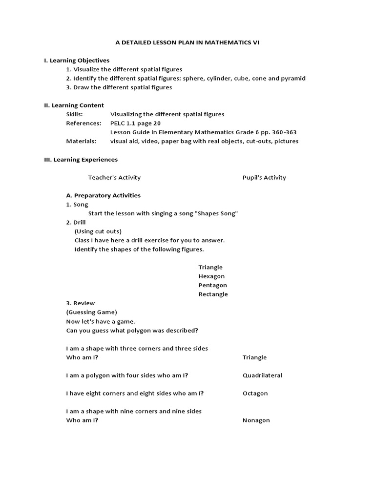 A Detailed Lesson Plan in Mathematics Vi | PDF | Shape | Elementary ...