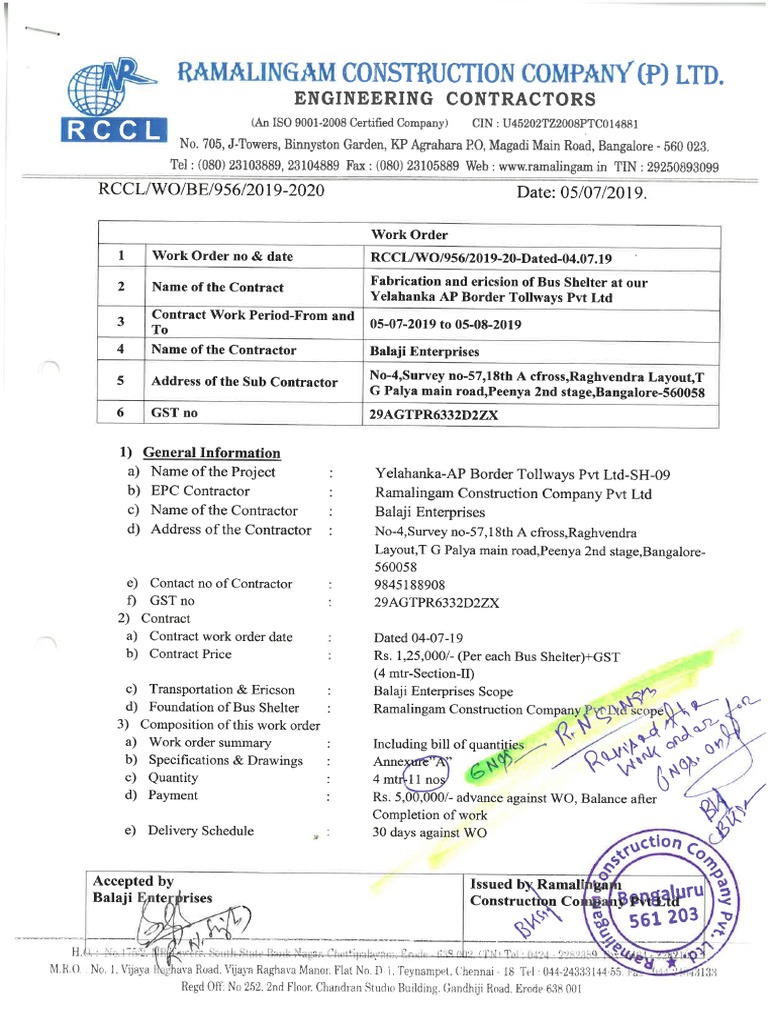 Revised Work Order For Bus Shelter-WO-RCCL-956-05!07!19 | PDF
