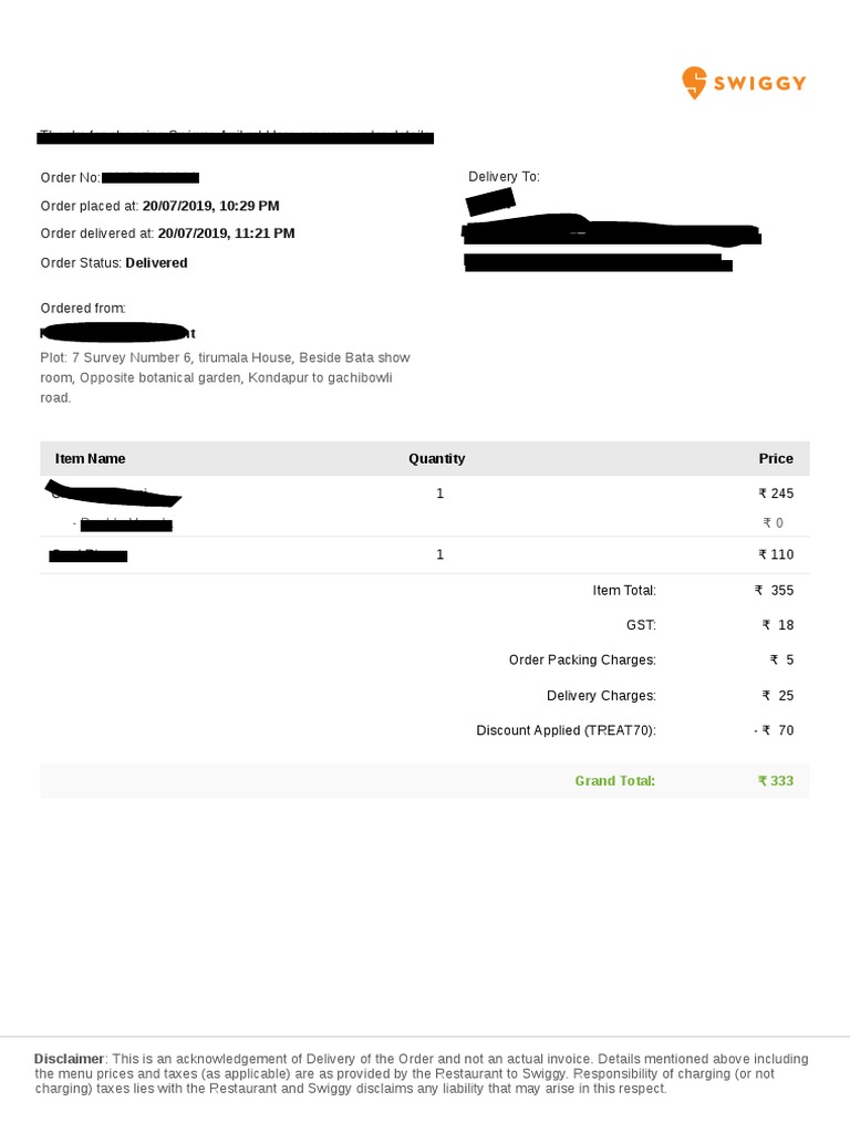 Swiggy Order 46717169894 | Download Free PDF | Fee | Invoice