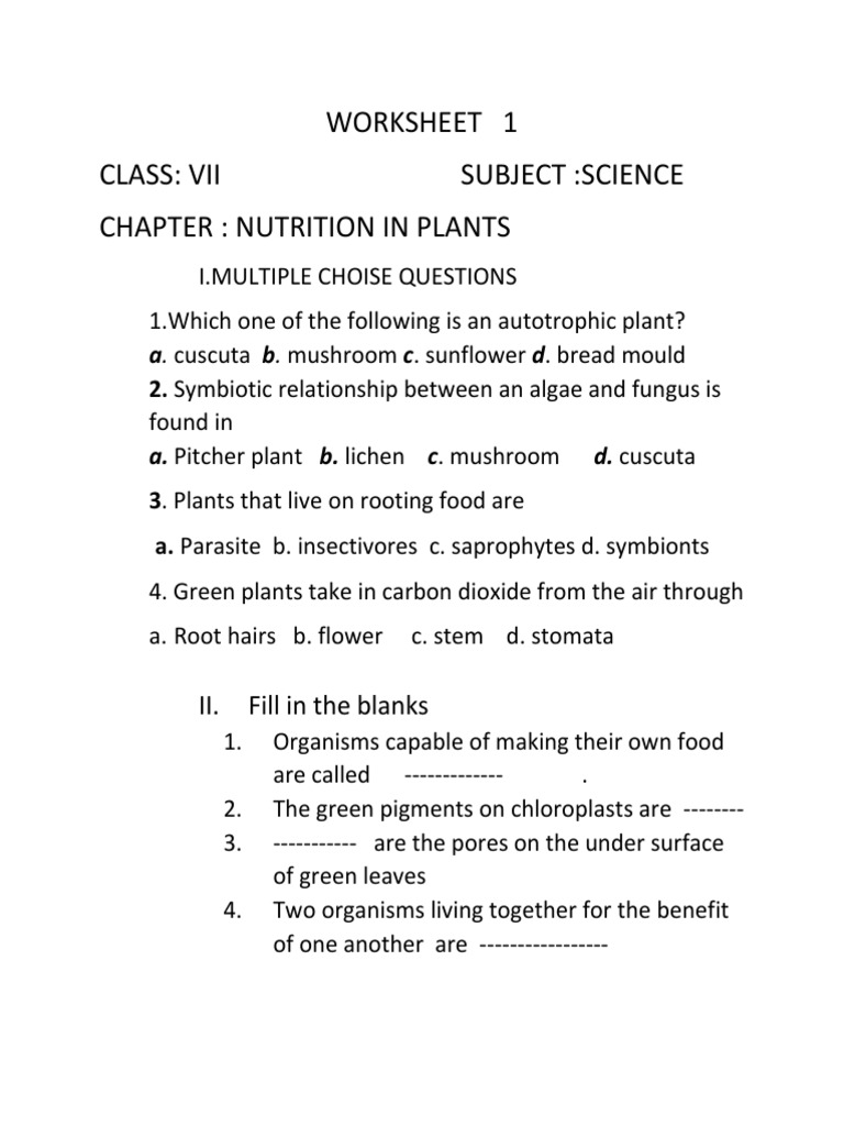 Worksheet 1 Class: Vii Subject:Science Chapter: Nutrition in Plants ...