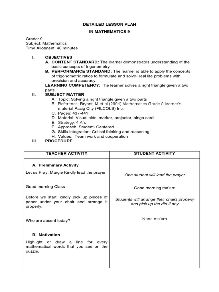 Grade 9 Pythagorean Theorem Lesson Plan | PDF | Triangle ...