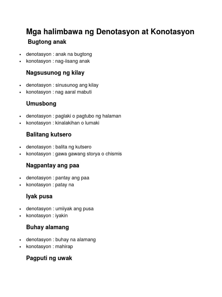 Mga Halimbawa NG Denotasyon at Konotasyon | PDF