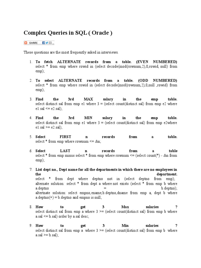 SQL Complex Queries for Interviews | PDF | Databases | Software
