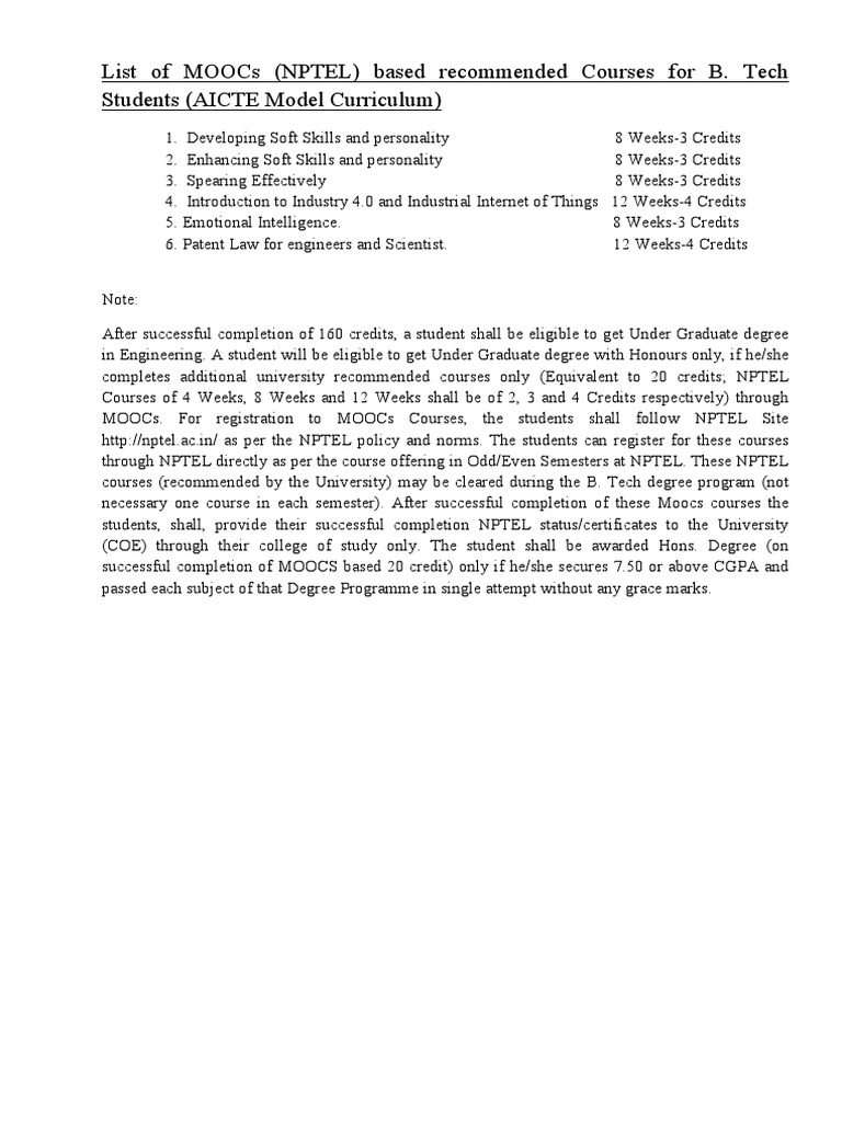 MOOCS Courses For B.tech. AICTE Model Curriculum | PDF