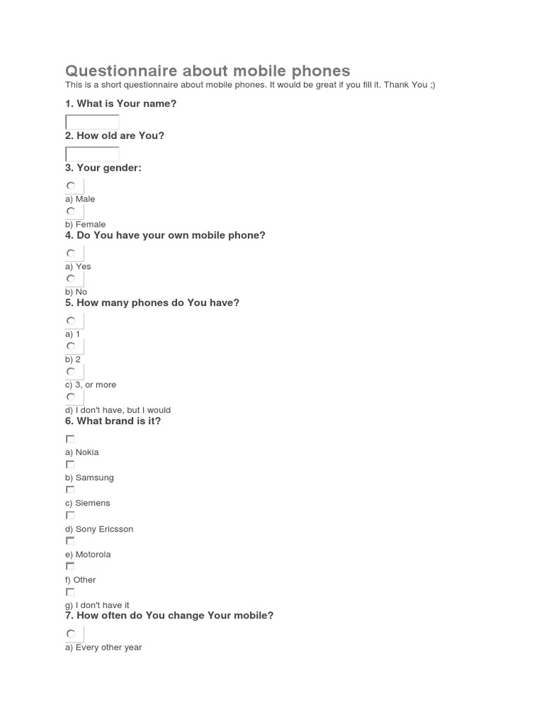 Questionnaire About Mobile Phones | PDF