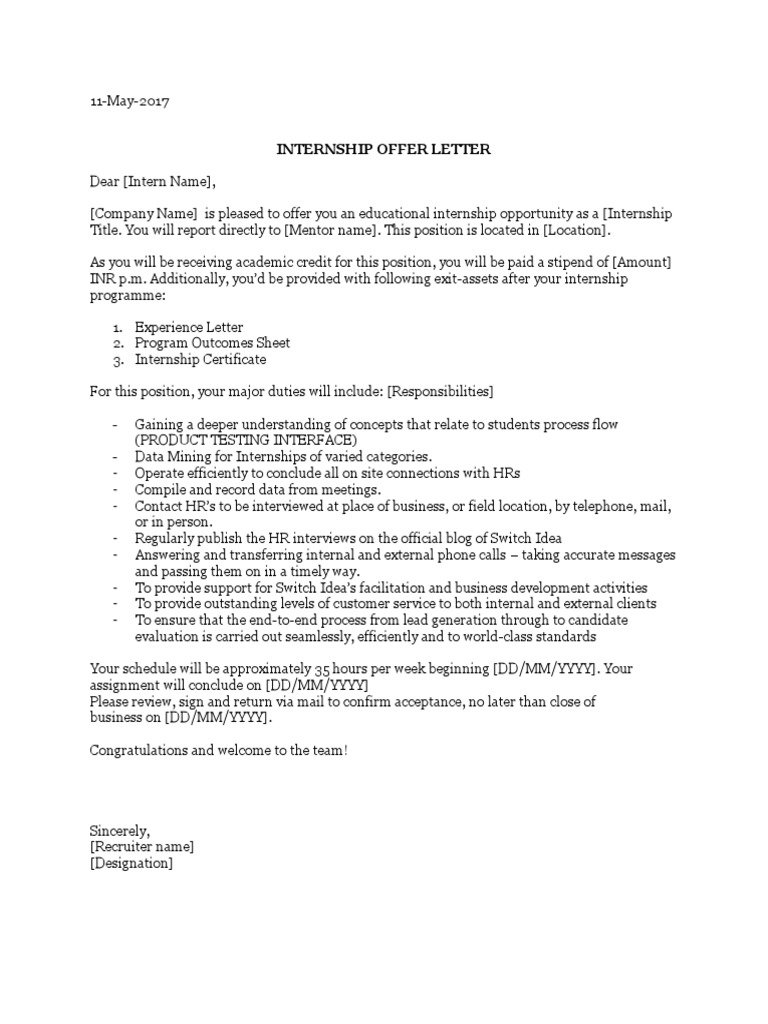 Internship Offer Letter Template | PDF | Career & Growth | Business