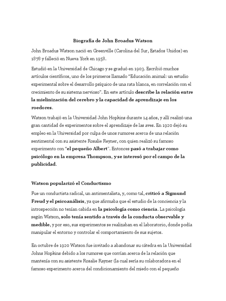 Biografía de John Broadus Watson | PDF | Epistemología | Neurociencia