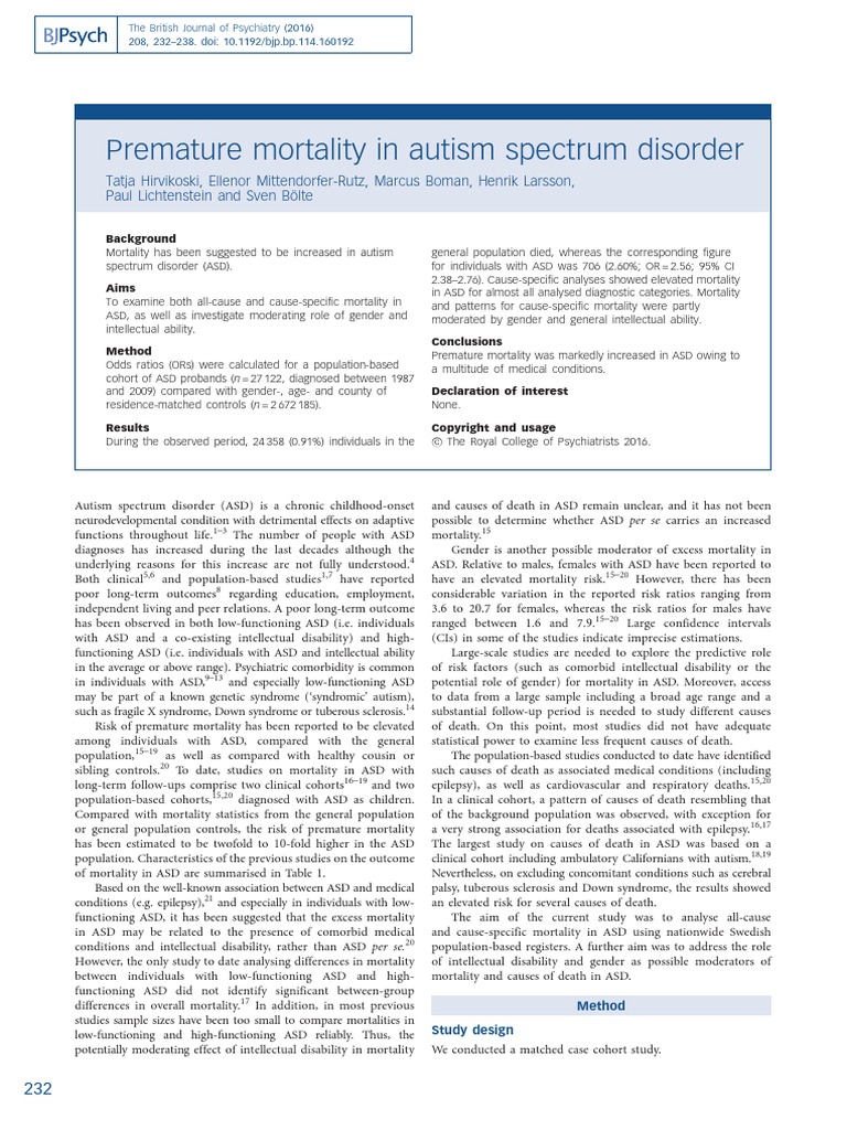 Premature Mortality in Autism Spectrum Disorder | PDF | International ...