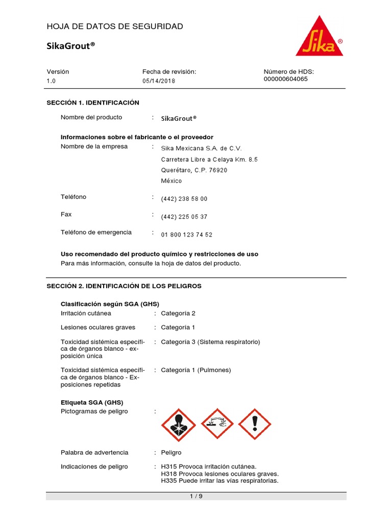 MSDS Grout | PDF | Solubilidad | Toxicidad