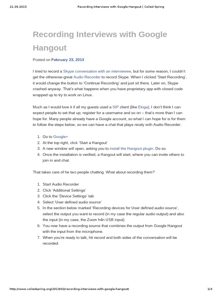 Audio Recording Interviews With Google Hangout Coiled Spring | PDF ...