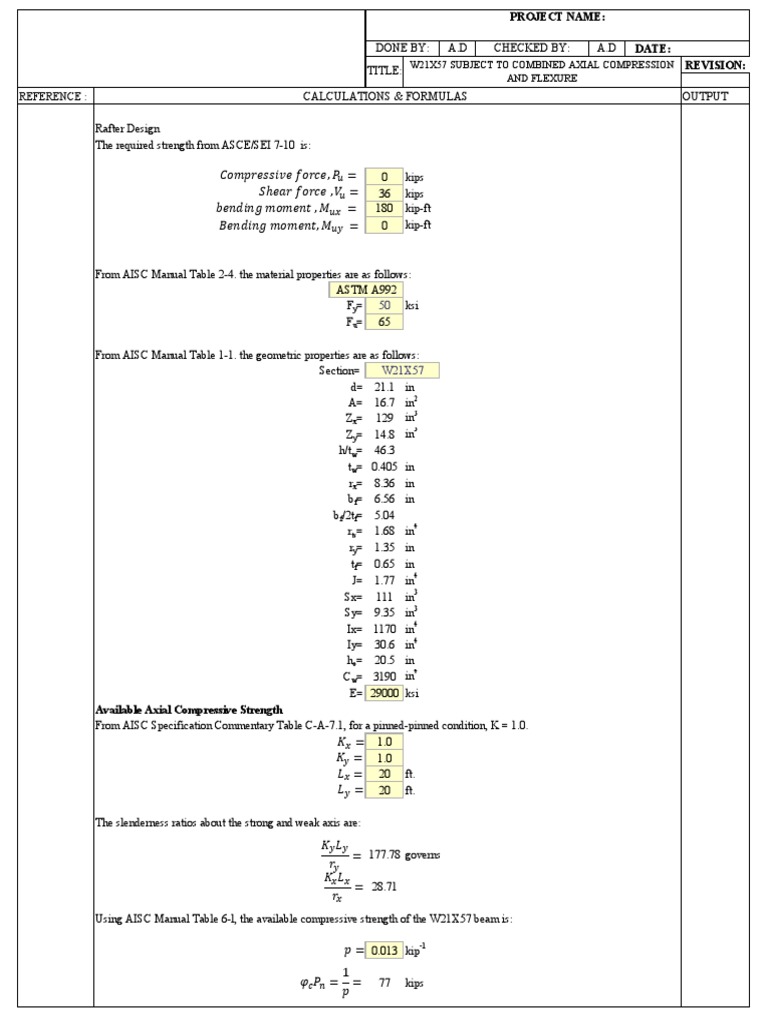 W21X57 Subject To Combined Axial Compression and Flexure | PDF ...