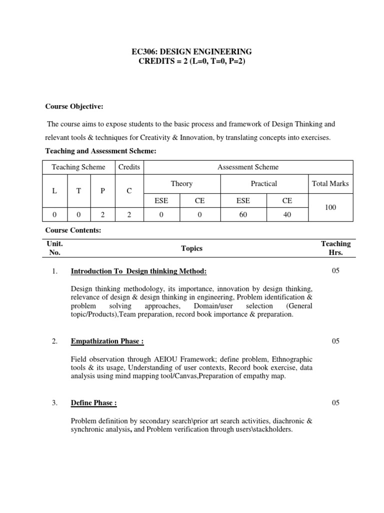 Ec306: Design Engineering CREDITS 2 (L 0, T 0, P 2) : Course Objective ...