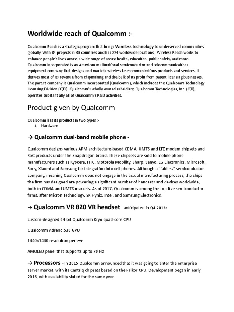 Worldwide Reach of Qualcomm:-: Product Given by Qualcomm | PDF | Artificial Intelligence ...