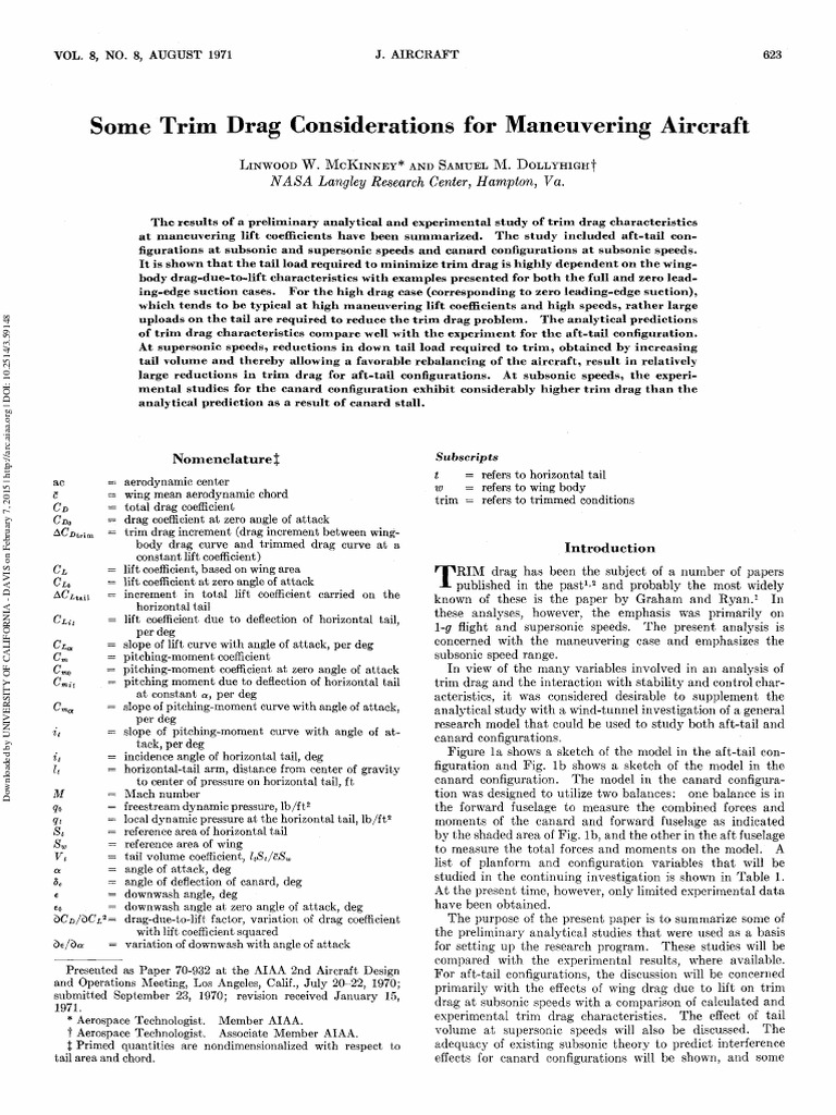 Mcklnney - Some Trim Drag Considerations For Maneuvering Aircraft (1971 ...