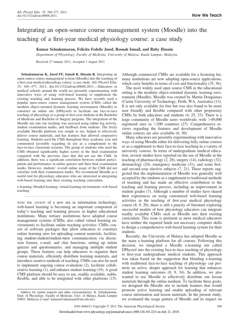 Integrating An Open-Source Course Management System (Moodle) Into The Teaching of A First-Year ...