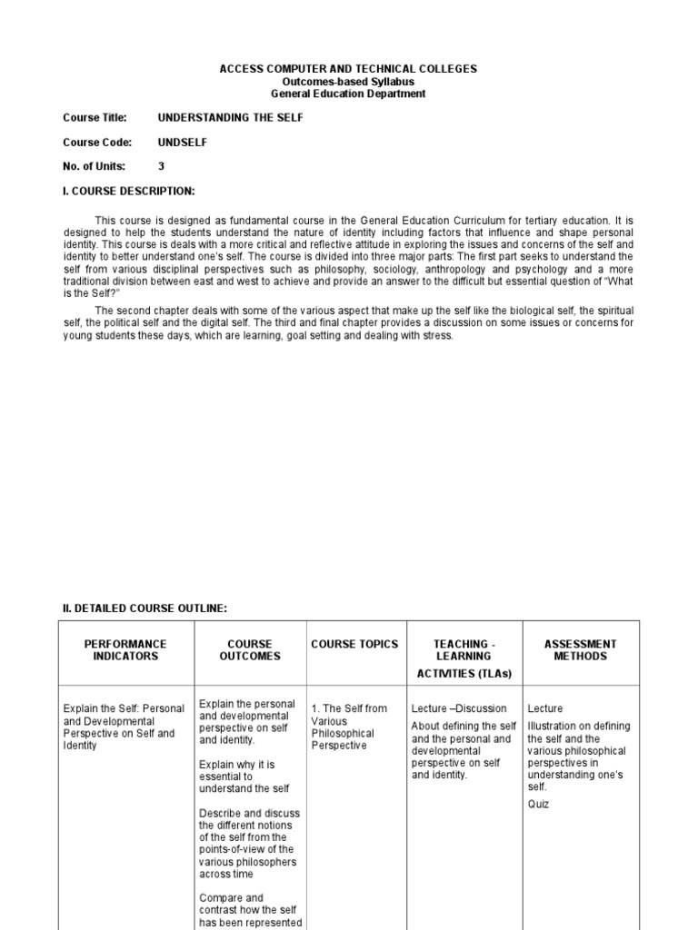 Outcomes Based Syllabus UNDSELF | PDF | Self | Identity (Social Science)