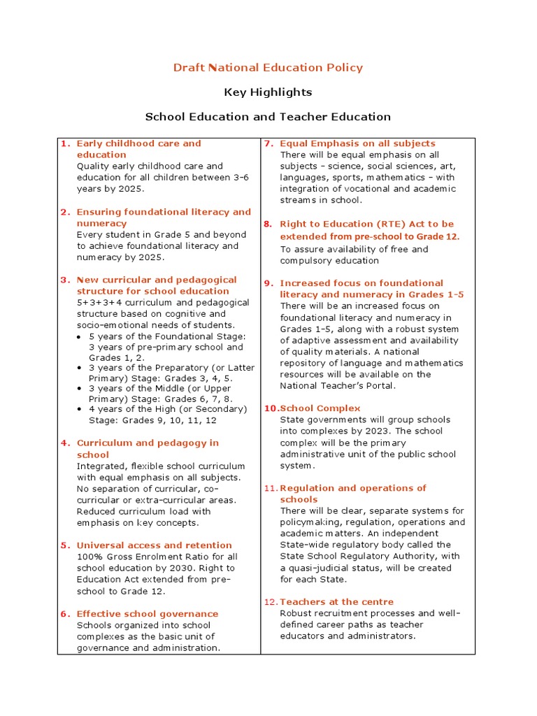 NEP Key Highlights | PDF | Educational Stages | Schools
