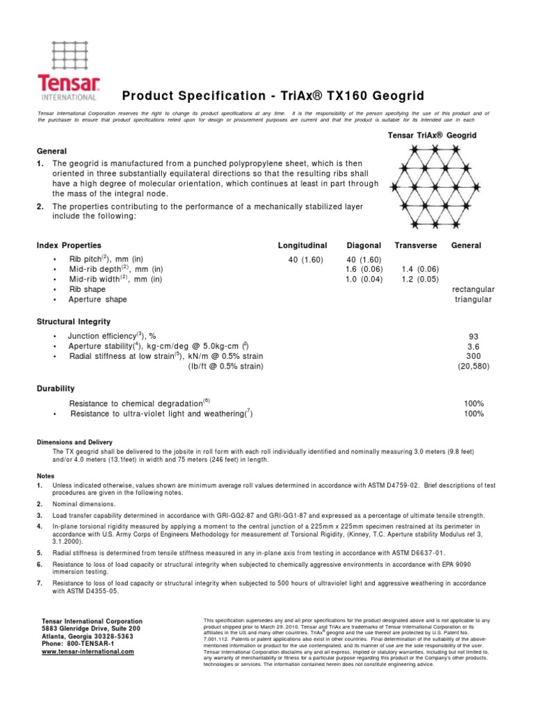 Especificaciones Geomallas Triax Tx160 | PDF | Stiffness | Materials