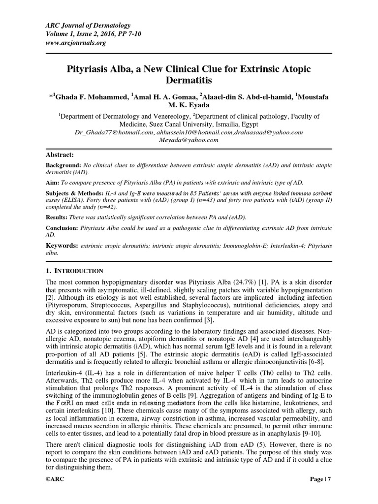 Pityriasis Alba, A New Clinical Clue For Extrinsic Atopic Dermatitis ...
